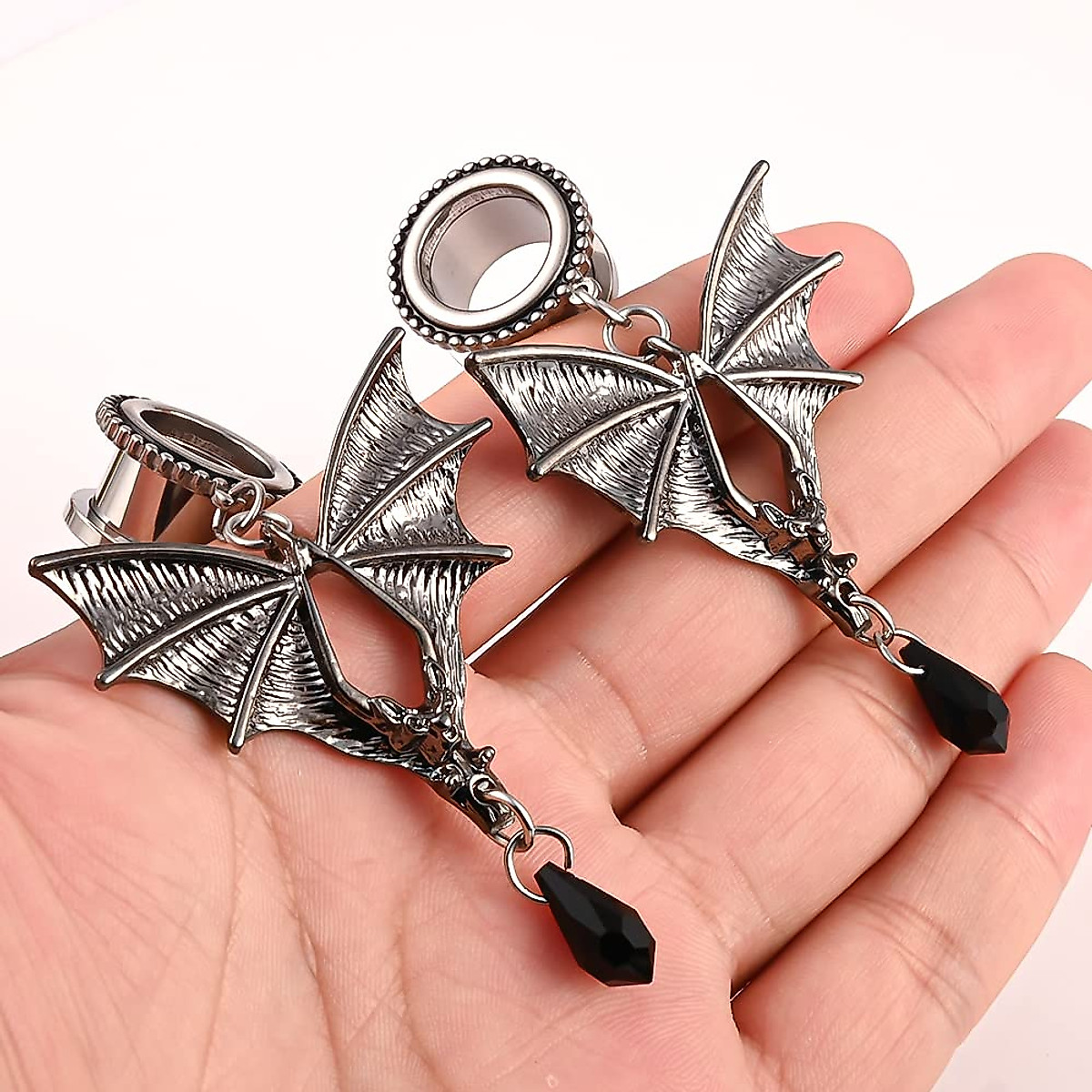 DOEARKO 2PCS Bat-Pendant Hypoallergenic Stainless Steel Dangle Ear Plugs Tunnels Gauges Stretcher Piercing Body Jewelry (12mm(1/2"), Silver)