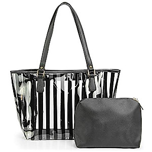 2 in 1 Semi Clear Beach Tote Bags Large Work Shoulder Bag with Interior Pouch (Black)