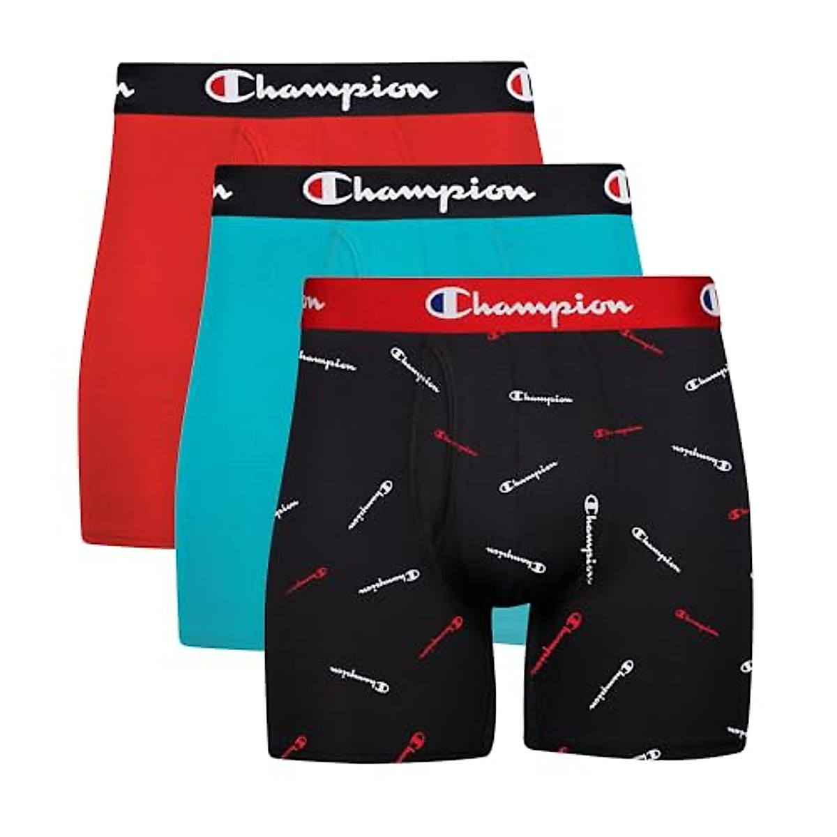Champion Men's Underwear Boxer Briefs, Everyday Active, Lightweight Stretch, Multi-Pack, Black with Script Logo/Electric Cyan/Scarlet-3 Pack, Small