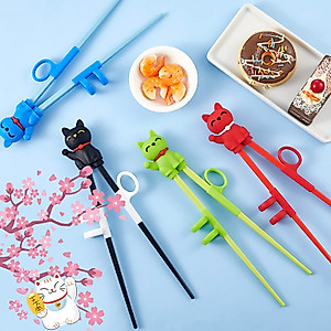 Nuanchu 4 Pairs Training Chopsticks for Kids Beginner Adult Cute Tableware Reusable with Attachable Learning Chopstick Helper, 4 Colors, Lucky Cat