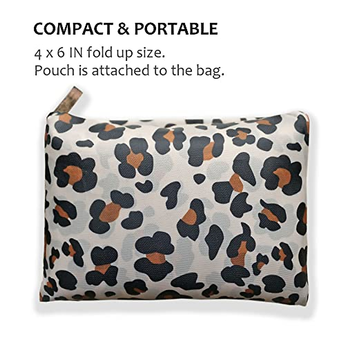 HAPPYHEIDI Reusable Grocery Shopping Bags Totes Foldable Washable with Long Handles for Heavy Duty, Fold-Up Pouch, for Beach Gym Travel, Bulk, Cute, 2 Pack,Leopard