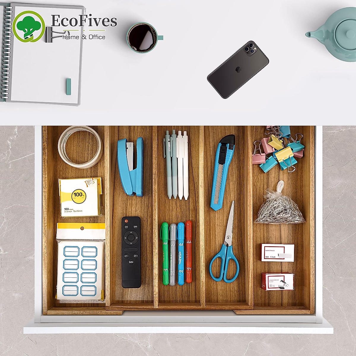 EcoFives Bamboo Silverware Organizer, Expandable Kitchen Drawer Organizer for Cutlery, Wooden Utensil Holder, Multi-Function Drawer Storage, 5-7 Compartments