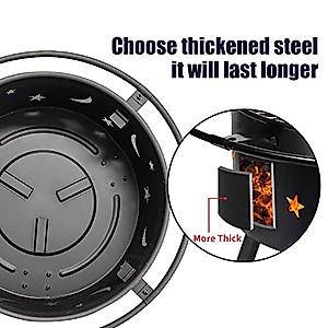 WASAKKY Fire Pits Wood Burning Grill - 30” Round Steel Deep Bowl Firepit - Backyard Cosmic，Stars and Moons Firepit 2-in-1 for Outside Patio Cooking Black