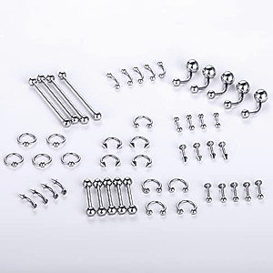 Xpircn 70PCS Piercing Kit Stainless Steel 14G 16G Lip Nose Septum Tongue Tragus Cartilage Daith Eyebrow Belly Button Rings Body Piercing Jewelry Tools