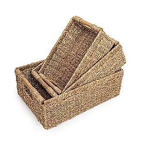 LiLaCraft Set 3 Natural Storage Basket for Organizing, Wicker Cubby Storage Bins, Seagrass Storage Basket, Rope Woven Basket for Storage with Carrying Handles Decor