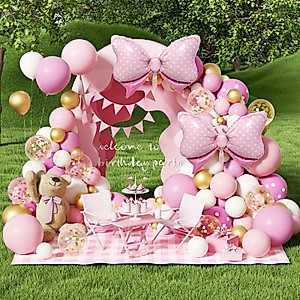 MeiWuKaBH Pink Mouse Balloon Garland Arch Kit for Cartoon Mouse Theme Birthday Party Decorations Girl Kids, Pink White Red Bow Foil Balloons for Mouse Baby Shower Party Decorations