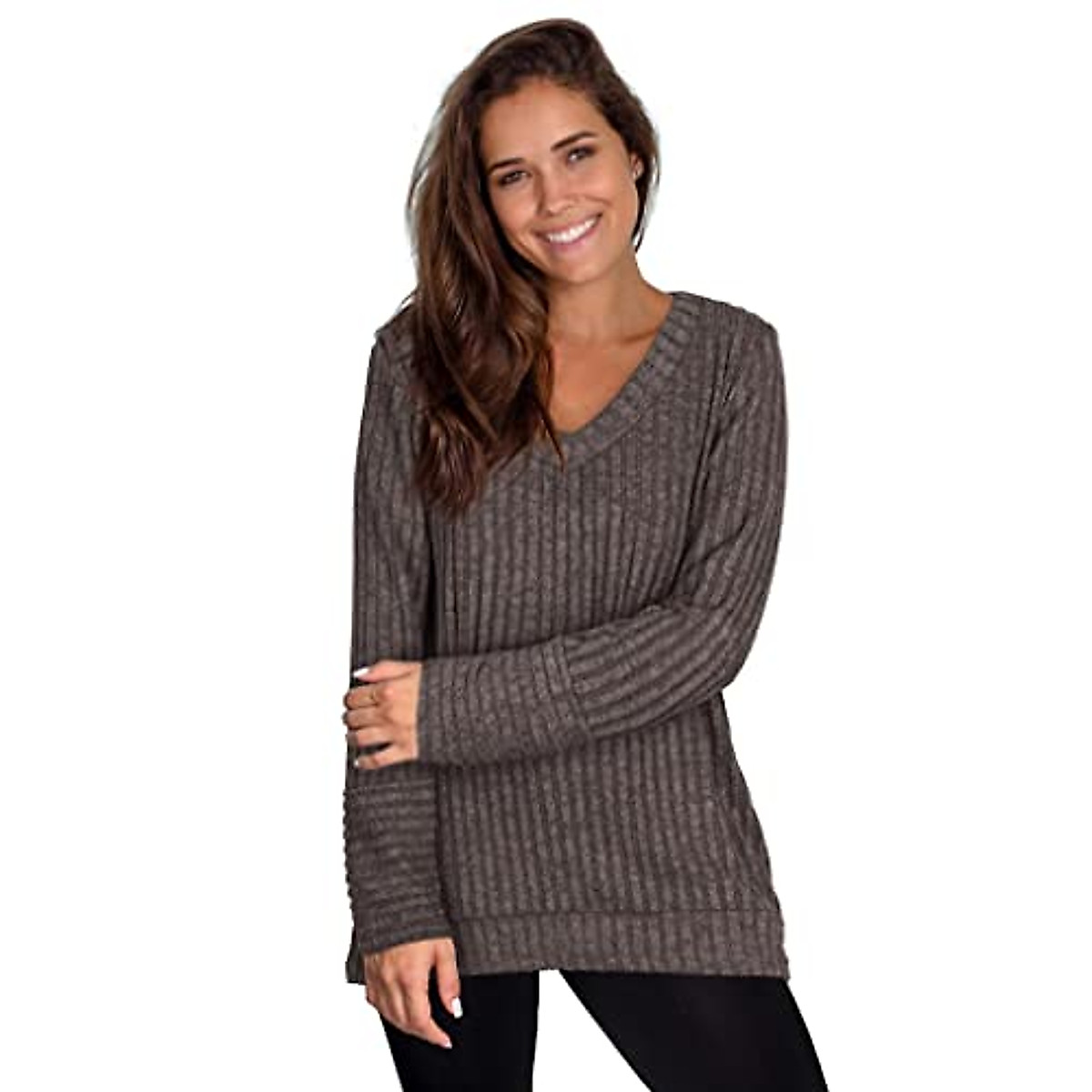 WIHOLL Tunic Sweaters for Women Long Sleeve V Neck Lightweight Shirt Khaki M