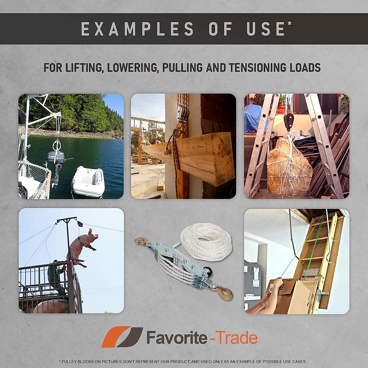 Favorite-trade Poly Rope Hoist Pulley Block, 4000 LB 2 Ton 65 Feet of 3/8 “, 7:1 Lifting Power, Pulley Hoist For Lift Furniture, Motorcycles, Bicycles