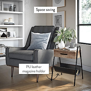 Nathan James Hugo Wood Nightstand, Rustic Accent End or Side Table with Drawer, Durable Black Metal Frame & Leather Hammock, Brown