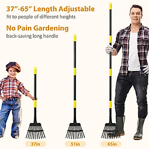 Rake, Garden Leaf Rakes for Lawns Heavy Duty, Yard Metal Rake Tools with 9" Small Narrow Rake Head, 65” Adjustable Long Handle, 11 Steel Tines, Quick Clean up Rake for Shrub, Flower Bed, Camping
