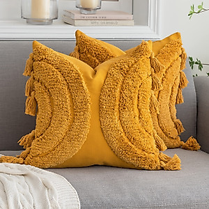 Foindtower Half Moon Accent Boho Tufted Decorative Throw Pillow Cover, Cozy Bohemian Rainbow Design Cotton Canvas Cushion Cover | Tassels Pillow Case Home Decor 18"X 18" Mustard Yellow 1 Piece