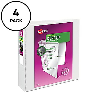 Avery Durable Clear View 3 Ring Binders, 3 Inch Binder Rings, 4 White Binders (09203)