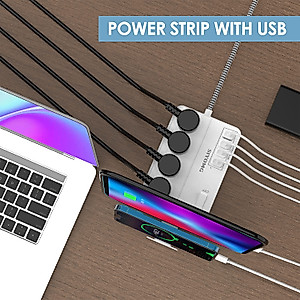 SIYOMG Power Strip, 5 FT Braided Extension Cord with Flat Plug, 4 Widely AC Outlets and 4 USB Ports, Charging Station for Dorm Home Office Travel, White