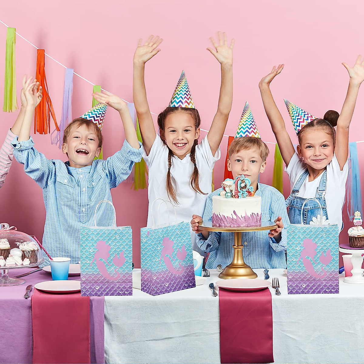 Jectivs 16 Pieces Mermaid Birthday Party Favor Bags,Girls Kraft Paper Gift Bags Mermaid Candy Goodie Treat Bags with Handles for Kids Little Mermaid Under The Sea Themed Baby Shower Party Supplies