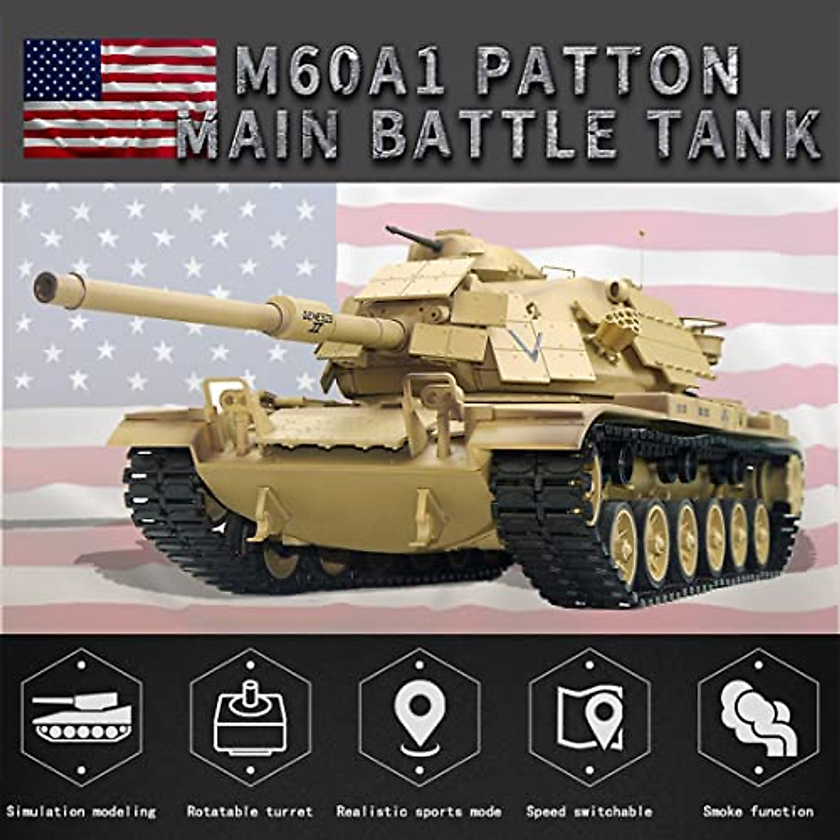 VINIX 1/16 RC Tanks That Shoot BB, 2.4G US M60A1 Main Battle Tank Model with Smoke & Sound 360-Degree Rotating Turret, Remote Control Military Vehicles Model Toys