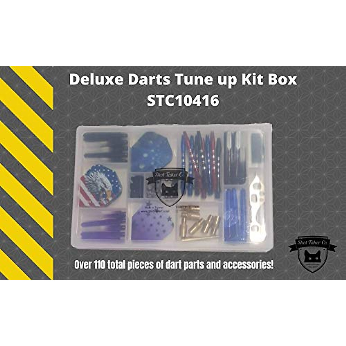 SHOT TAKER CO. EST. 2017 Deluxe Darts Tune up Kit Box | Flights, Sharpener, Shafts, O-Rings, Flight Savers, Accessories (10416-Essential)