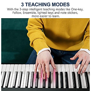 61 Key Portable Electronic Keyboard Piano w/Lighted Full Size Keys, LCD, Headphones, X-Stand, Stool, Music Rest, Microphone, Note Stickers, Built-In Speakers,3 Teaching Modes
