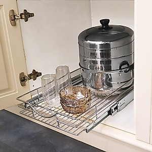 Sikarou Pull Out Cabinet Drawer Organizer, 14”W x 21”D - Requires At Least 15 Cabinet Opening, Heavy Duty Slide Out Shelves, Sliding Drawer Storage for Kitchen, Bathroom, Chrome Finish