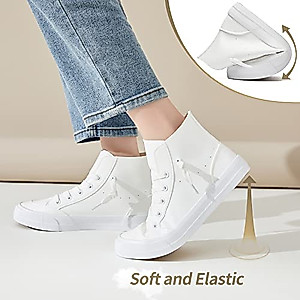 Moudki PU Leather High Top Sneakers for Women, Black and White Casual High Top Shoes, Lace up Women's Fashion Sneakers (Water Resistant)(White,US10.5)