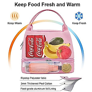DiiCCi Pink Lunch Box Bag for Women,Double Deck Insulated Lunch Bags for Adult,Small Cute Lunch Bag Tote Bag for Work,Reusable Leakproof Lunch Cooler Bag for Travel Office Picnic Hiking