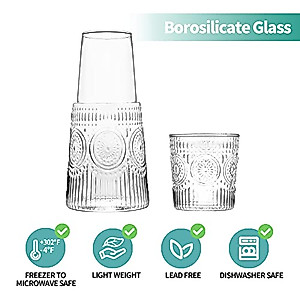 Wongblee Bedside Water Carafe and Glass Set, Vintage Borosilicate Glass Carafe with Cup, Carafe Holds 31oz, Cup Holds 10oz