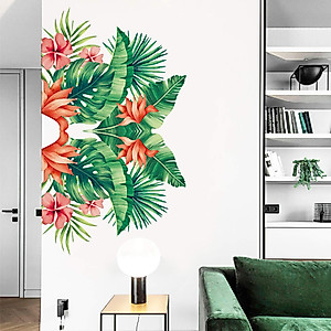 MOLANCIA Tropical Hibiscus Flower Wall Decals,Nature Palm Tree Leaf Plants Wall Sticker Art Murals,Removable Green Tropical Plants Tree Leaves Stickers for Living Room Kids Nursery Room Wall Art Decor