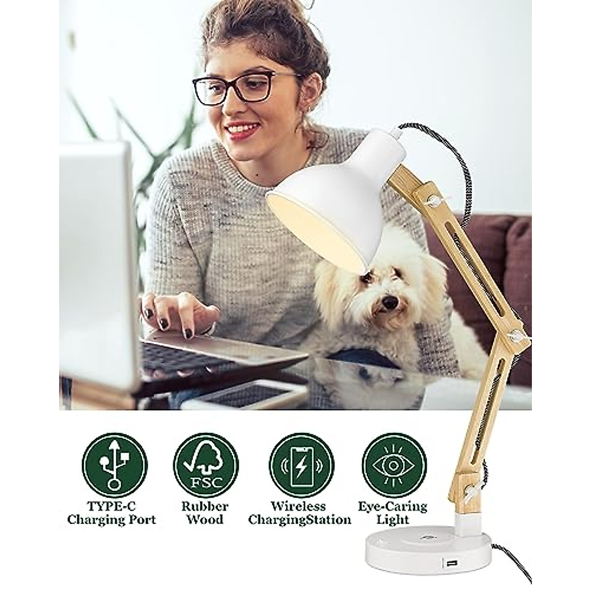 ELYONA White Desk Lamp with Wireless Charger, Solid Wood Table Lamp with USB C Charging Port, Swing Arm Reading Task Light with 5W LED Bulb for College Dorm, Office, Living Room, Bedroom, Farmhouse