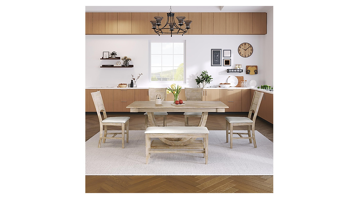 Wood Half Round Dining Table Set, Modern 6-Piece Kitchen Table Set with ...