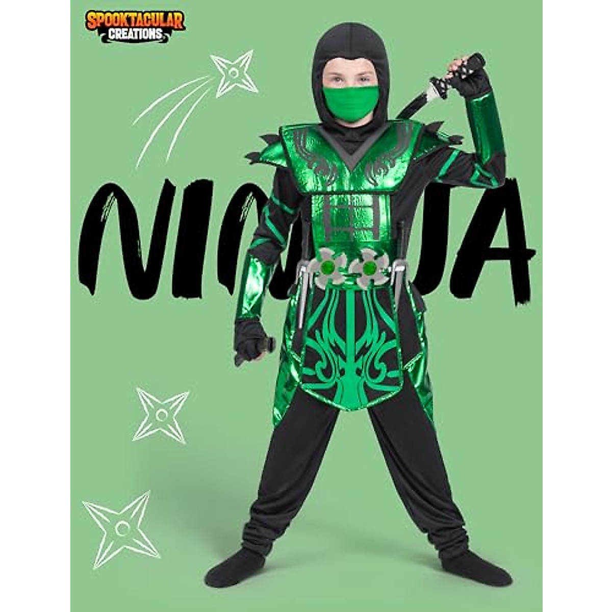 Spooktacular Creations Halloween Ninja Costume for Boys, Green Ninja Costume for Kids Ninja Themed Parties, Halloween Costume Dress Up (Small (5-7yr))