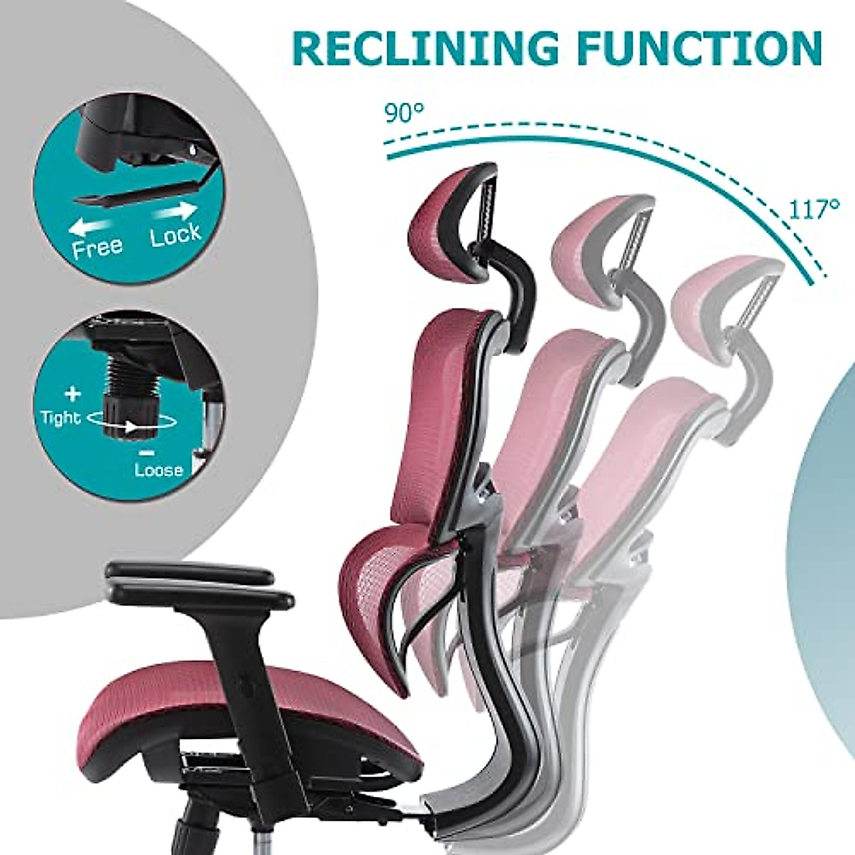Ergonomic Office Chair, Reclining High Back Mesh Chair, Computer Desk Chair, Swivel Rolling Home Task Chair with Lumbar Support, 3D Adjustable Headrest and Armrests