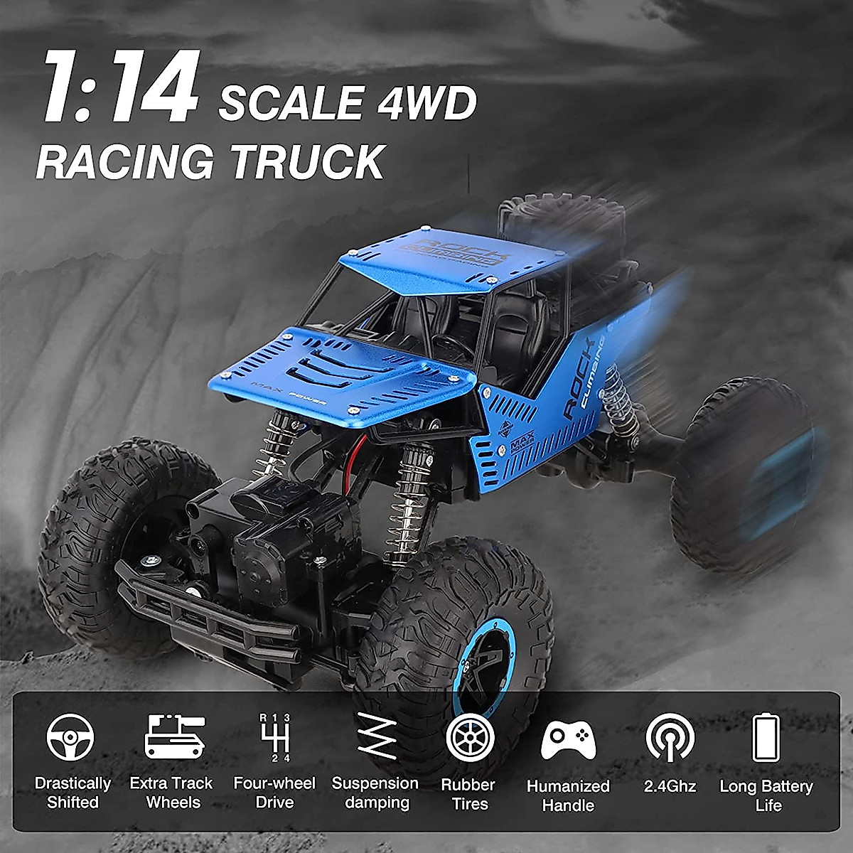 2 in 1 Remote Control Car, 1:14 Scale Remote Control Car, 4WD Dual Motors LED Headlight Rock Crawler, All Terrains Electric Toy Off Road RC Monster Vehicle Truck for Boys Kids and Adults (black)