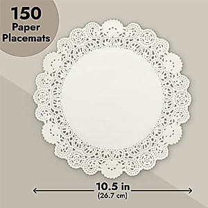 150-Pack Round Paper Placemats for Tableware Decoration, Party, Wedding, White Lace Paper Doilies, Bulk Disposable Charger Plates for Cakes, and Desserts (6.5, 8.5, and 10.5 Inch)
