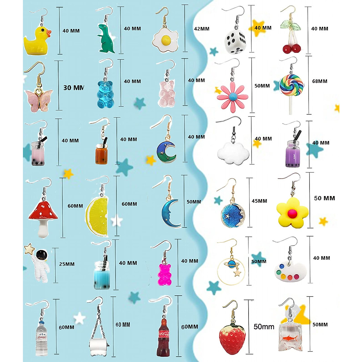 CASDAN 30 Pairs Weird Earrings Funny Earrings Gummy Bear Duck Water Bottle Fish Dinosaur Mushroom Butterfly Strawberry Dangle Earrings Set for Women