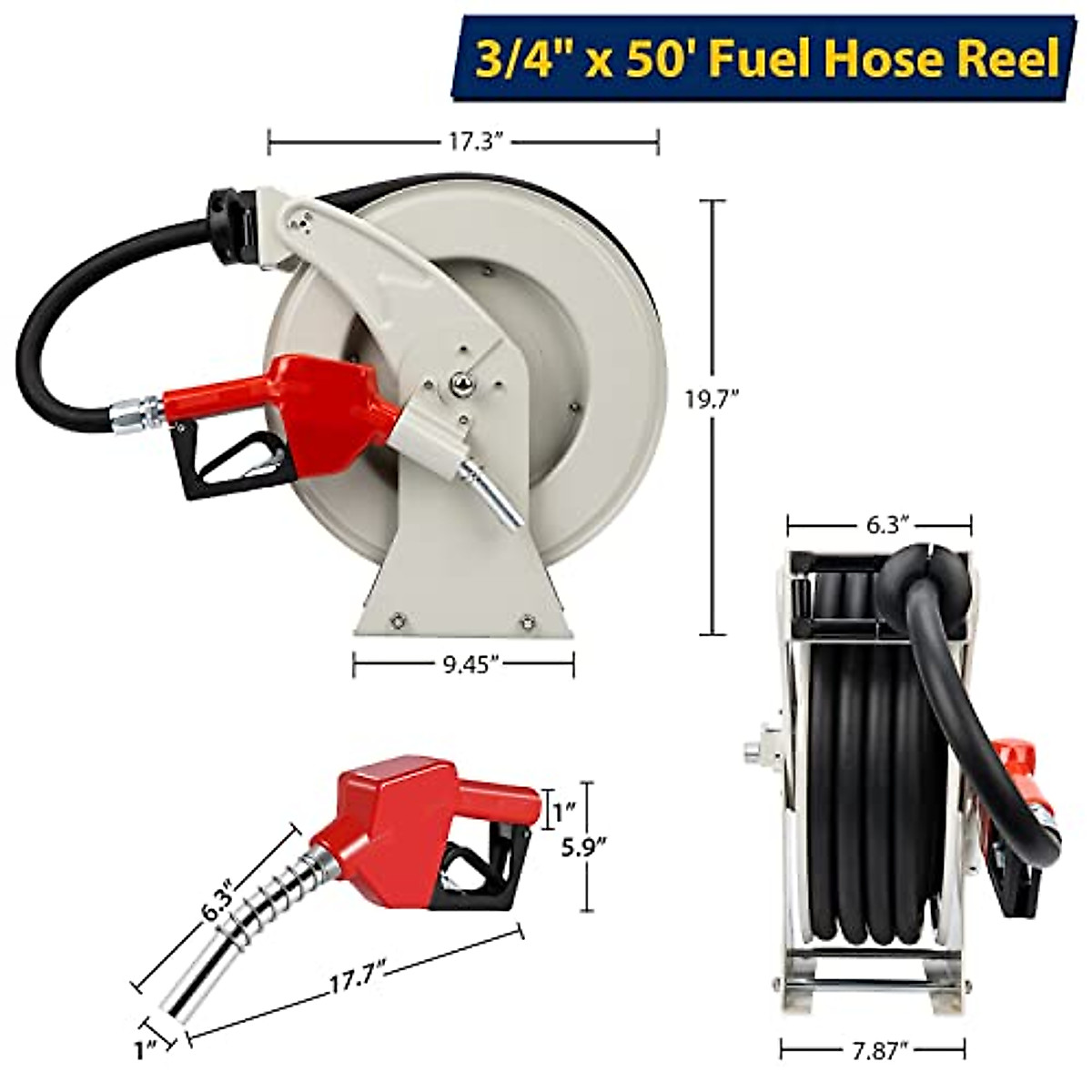 Fuel Hose Reel Retractable with Fueling Nozzle 3/4" x 50' Spring Driven Diesel Hose Reel 300 PSI Industrial Auto Swivel Heavy Duty Steel Construction Reel for Aircraft Ship Vehicle Tank