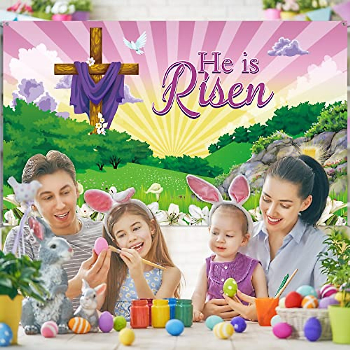 Happy Easter Day Decorations He Is Risen Backdrop Photography Banner, Large Fabric Easter Cross Religious Backdrop Background for Jesus Easter Spring Party Decorations, 72.8 x 43.3 Inch