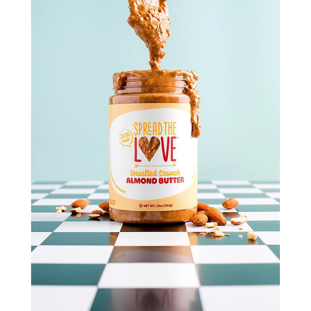Spread The Love UNSALTED CRUNCH Almond Butter, 16 Ounce, All Natural, Vegan, Gluten Free, Creamy, No Added Salt or Sugar, No Palm Fruit Oil, Not Pasteurized with PPO, Made in California