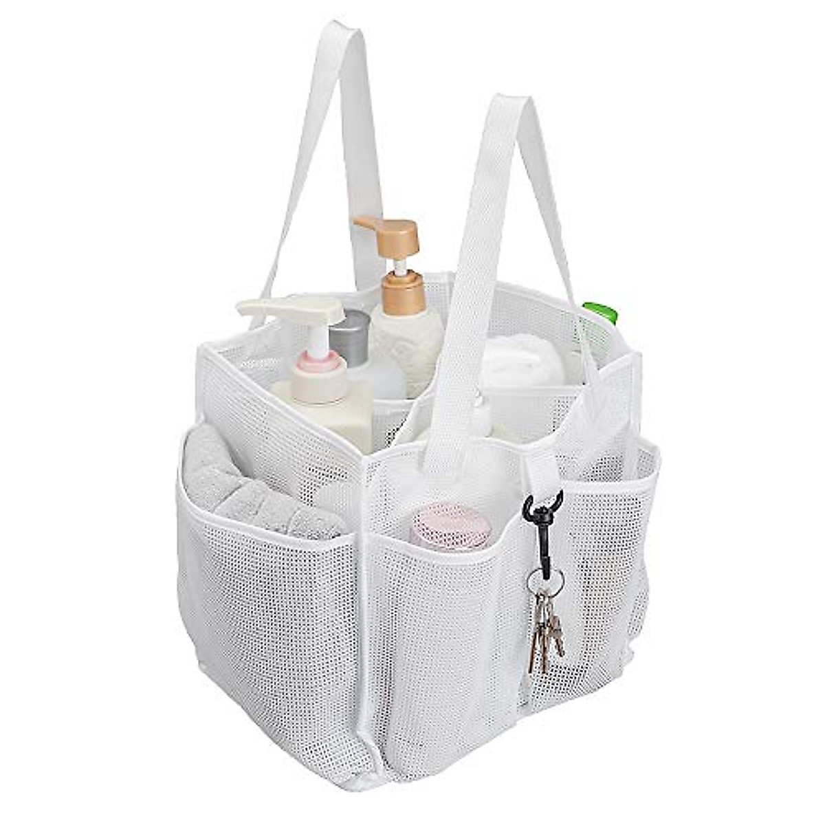 ALYER Mesh Shower Caddy Basket,Large Shower Bag Tote,Hanging Bath Toiletry Organizer with 1 Big Separated Inner Compartment and 6 Deep Outer Pockets (White)