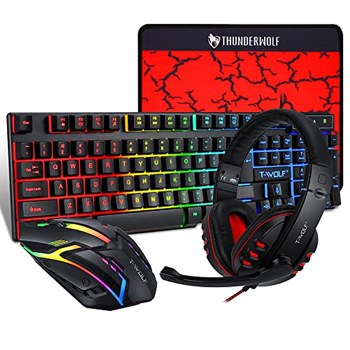 T-Wolf Gaming Combo TF800 Keyboard/Mouse/Headphone/Mouse Pad Wired LED RGB Backlight Bundle for PC Gamers Users - 4 in 1, Black