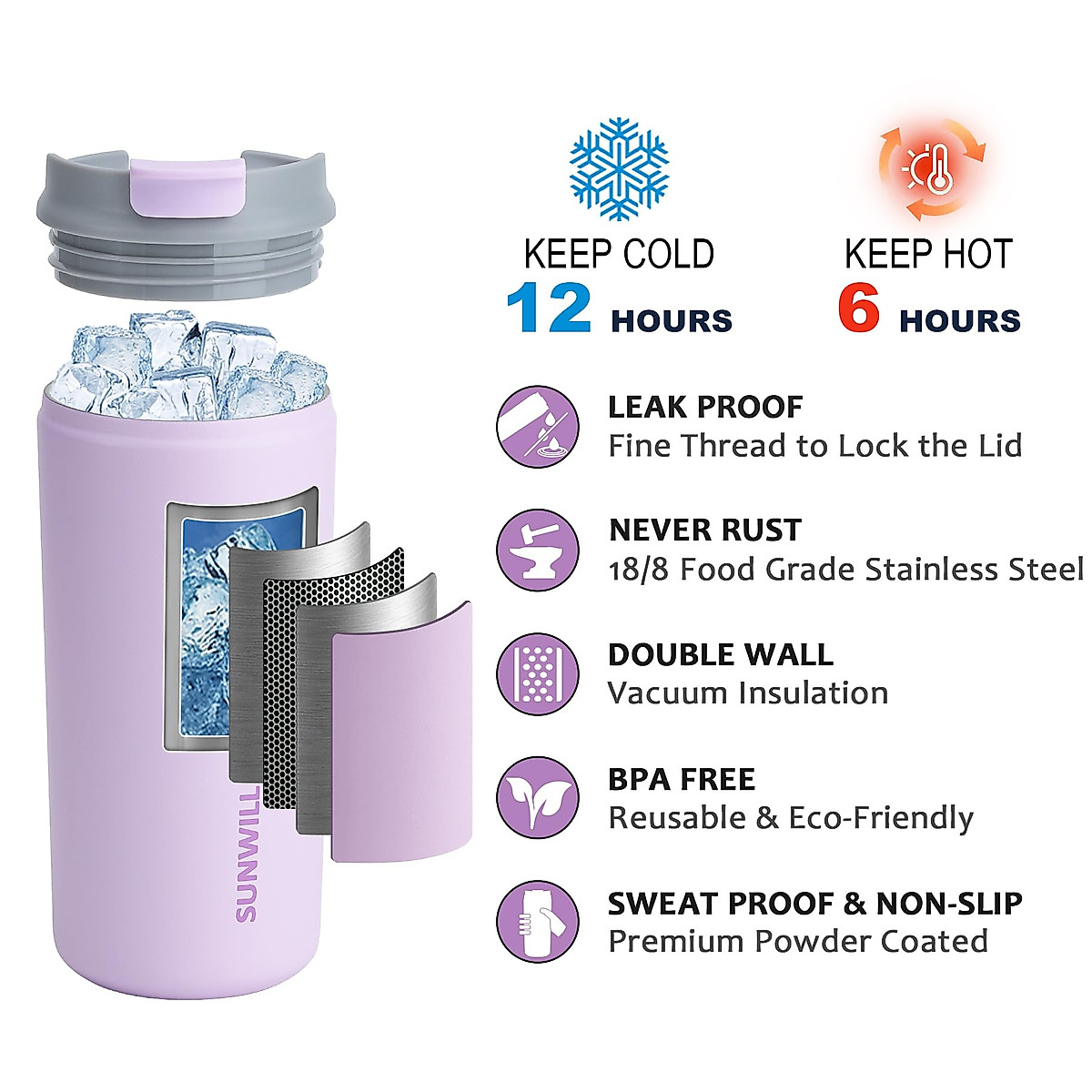 SUNWILL Insulated Coffee Mug with Lid, Leakproof Travel Coffee Tumbler Cups, 12 oz Iced Coffee Cup Powder Coated Lavender