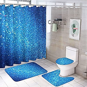 4PCS Blue Glitter Waterproof Shower Curtain Set with Non-Slip Rugs Toilet Lid Cover and Bath Mat Polyester Bathroom Curtain with Hooks 72"x72"