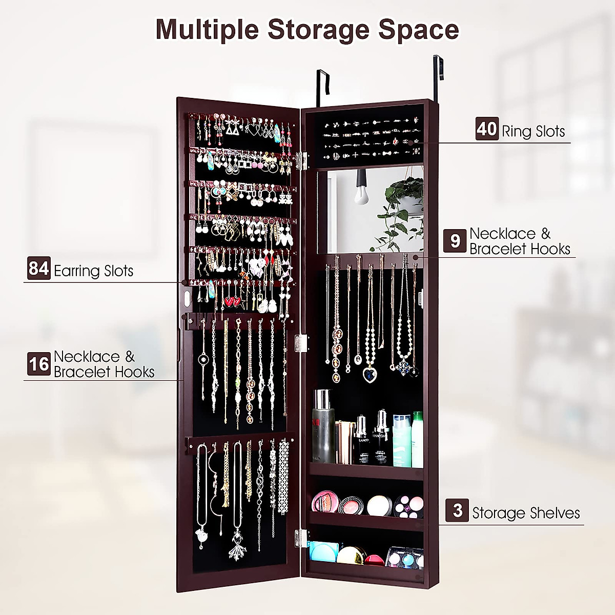 COSTWAY Full Length Mirror Jewelry Cabinet, Wall Door Mounted Jewelry Organizer with Makeup Mirror, Ring Slots and Necklace Hooks, Large Storage Jewelry Armoire for Bedroom, Dressing Room (Brown)