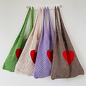 Beach Bag Aesthetic Knitted Tote Bag Fairy Grunge Bag Crochet with Heart Pattern Tote Bags(beige)