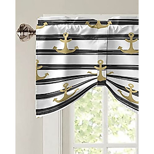 Tie Up Valance for Kitchen Windows, Nautical Theme Gold Anchor Tie-up Curtain Shade Valances 54x18In 1 Panel Rod Pocket Short Curtains Window Treatment for Living Room Home Decor Black White Stripes