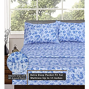 RUVANTI Silky Soft Queen Sheet Set - 4 Pieces Luxury Sheets for Queen Size Bed - All Season Breathable Bed Sheets - 15" Deep Pocket Snug Fit Sheets - Cozy & Comfy Hotel Sheets - Blue Floral