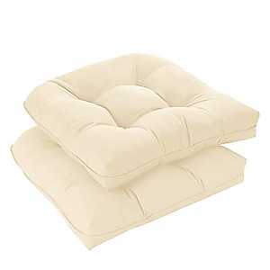 downluxe Outdoor Chair Cushions, Waterproof Tufted Overstuffed U-Shaped Memory Foam Seat Cushions for Patio Funiture, 19" x 19" x 5", Beige, 2 Pack