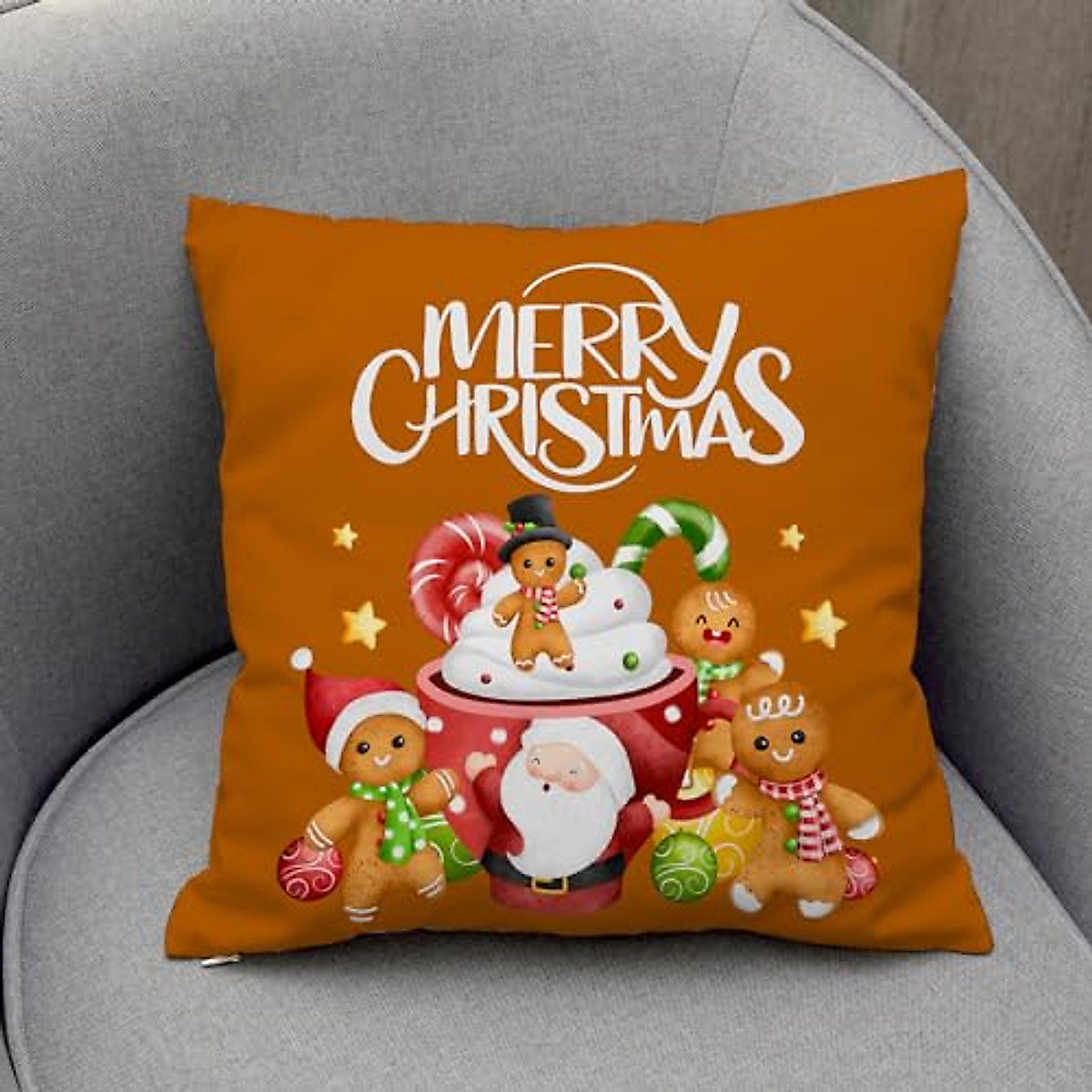 Christmas Gingerbread Man Throw Pillow Cover Candy Cane Santa Christmas Balls Holiday Brown Linen Decorations Pack of 2 Euro Patterned Bed Outdoor Patio Office Porch Cozy Pillow Covers 16x16inch