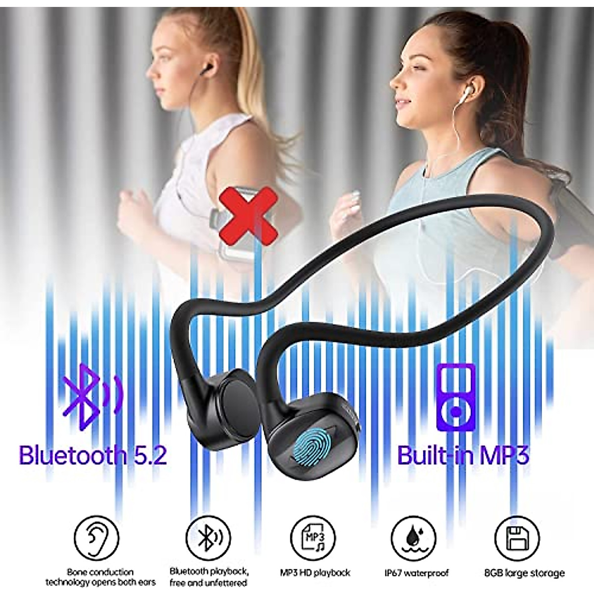 Bone Conduction Headphones, RALYIN MP3 Player, IPX7 Waterproof Headphones with Built-in 8G Memory/Microphone, Open Headphones Wireless Sports Bluetooth Headphones, Suitable for Work, Running, Driving