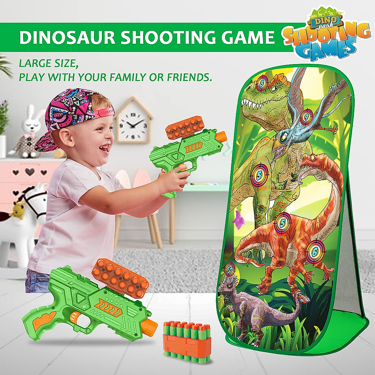 ABERLLS Shooting Game Toy for Age 5 6 7 8 9 10+ Years Old Kids, Boys, Dinosaur Shooting Target with 2 Foam Dart Blasters 40 Foam Darts, Ideal Kids Gift for Indoor Outdoor