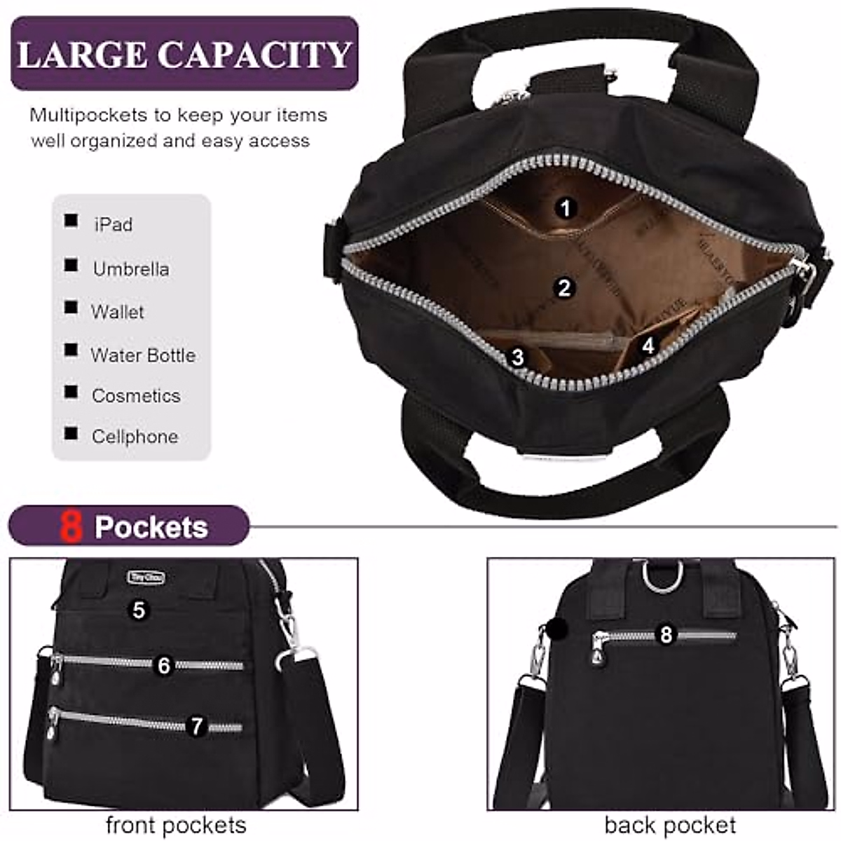 Tiny Chou Waterproof Nylon Crossbody Shoulder Bags, Fashion Travel Backpack Purse, Multi Pockets Hobo Bags with Adjustable Strap for Women, Lightweight Small Totes Handbags (Black)