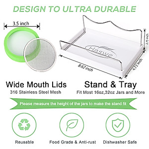 Sprouting Jar Kit (JARS NOT INCLUDED) - 4 Premium Plastic Sprout Lids with 316 Stainless Steel Screen for Wide Mouth Mason Jars, Tray, Sprouter Stand - Growing Broccoli Seeds, Alfalfa and more